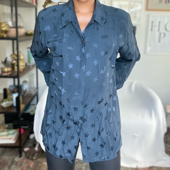 Vintage | Tops | Vintage Navy Blue Silk Star Blouse | Poshmark